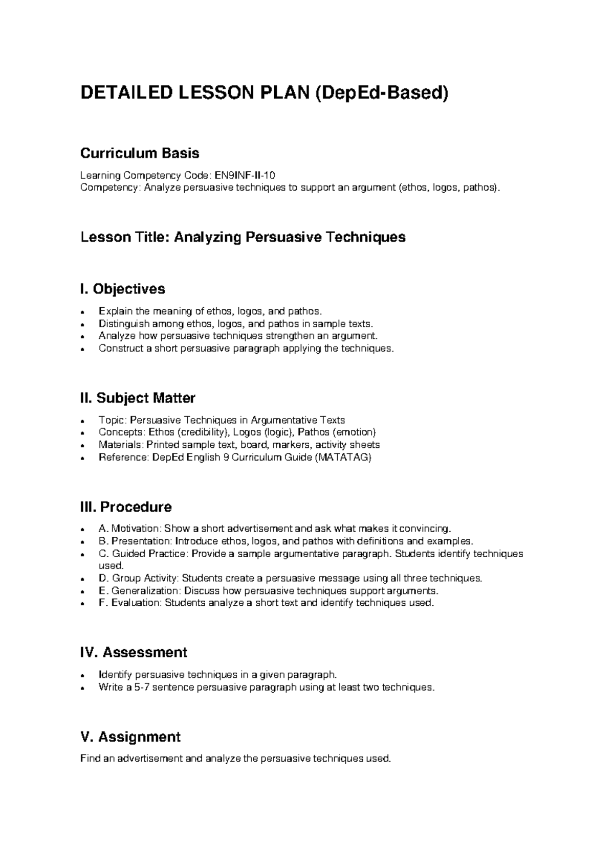 EN9INF-II-10 Detailed Lesson Plan on Analyzing Persuasive Techniques ...
