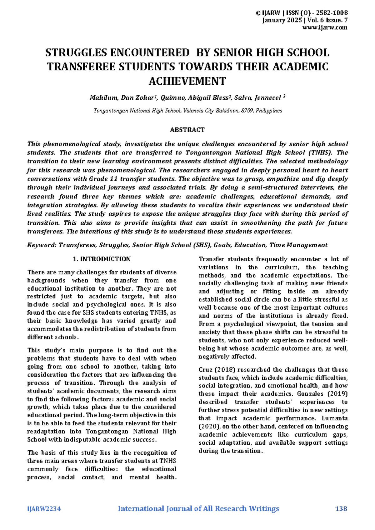 IJARW2234: Challenges Faced by Senior High School Transferees at TNHS ...