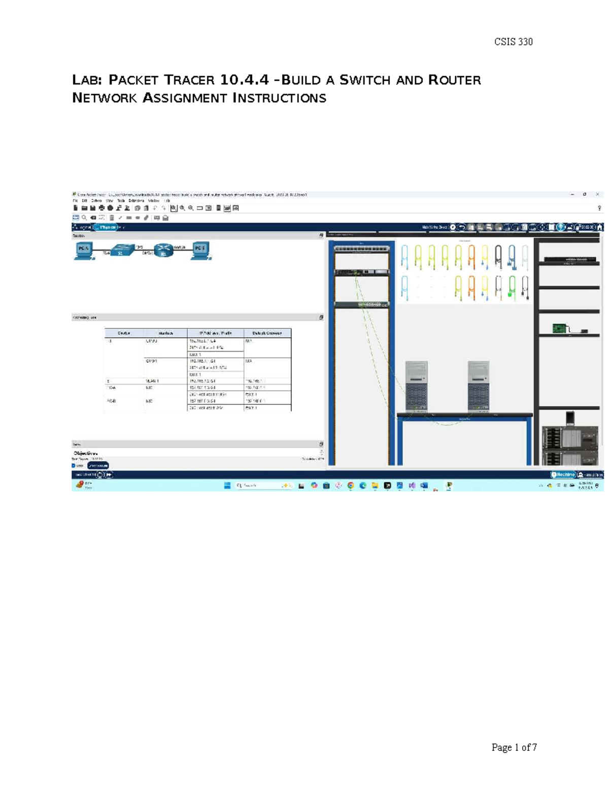 CSIS 330 Lab: Packet Tracer 10.4.4 - Switch & Router Network Setup - Studocu