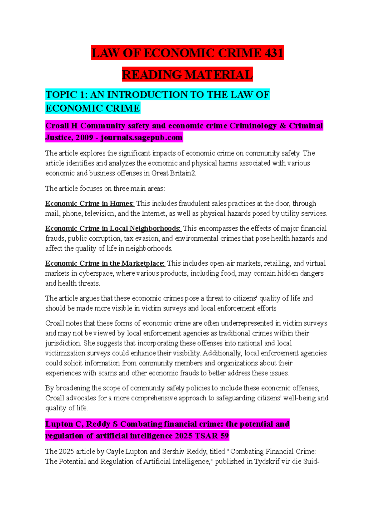 LAW OF ECONOMIC CRIME 431: READING MATERIAL ON ECONOMIC CRIME ISSUES ...