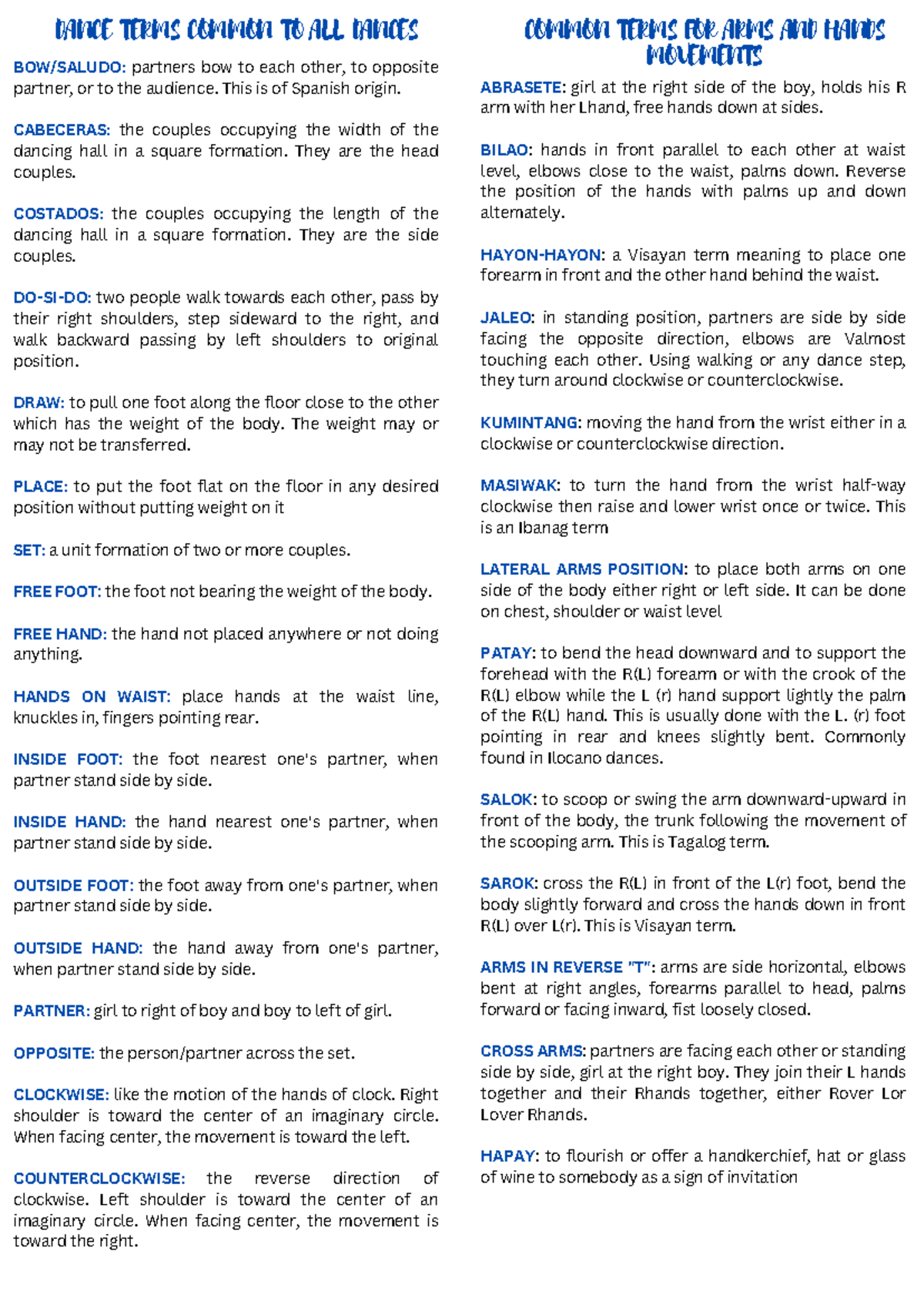 Dance Terms Common to All Dances (DANCE 20251013) - Studocu