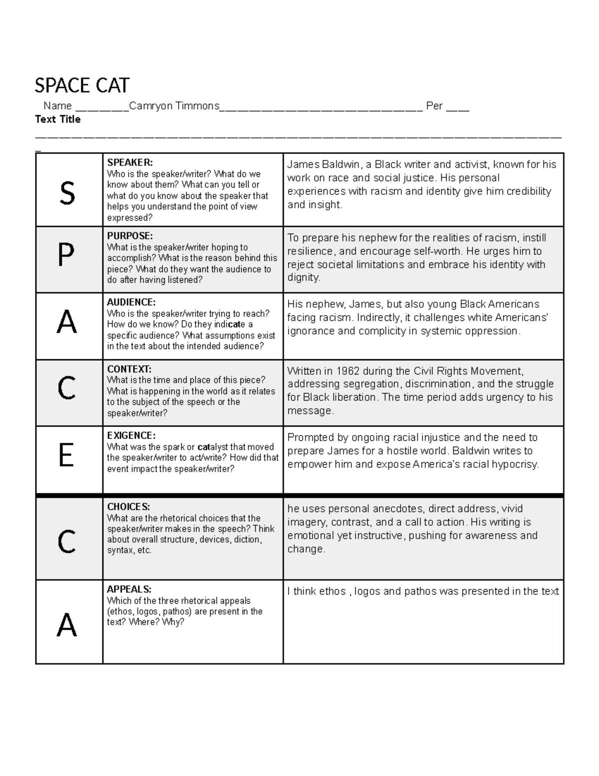 SPACE CAT Worksheet Guide for Rhetorical Analysis - Studocu