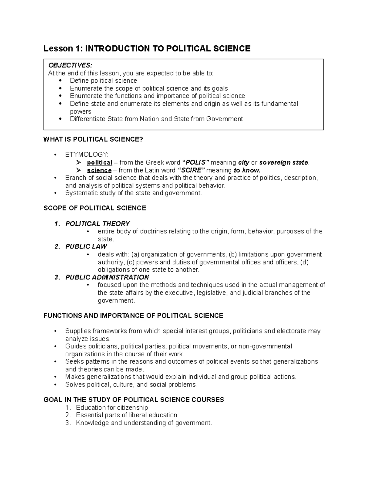 Lesson 1 - Lesson 1: INTRODUCTION TO POLITICAL SCIENCE WHAT IS ...