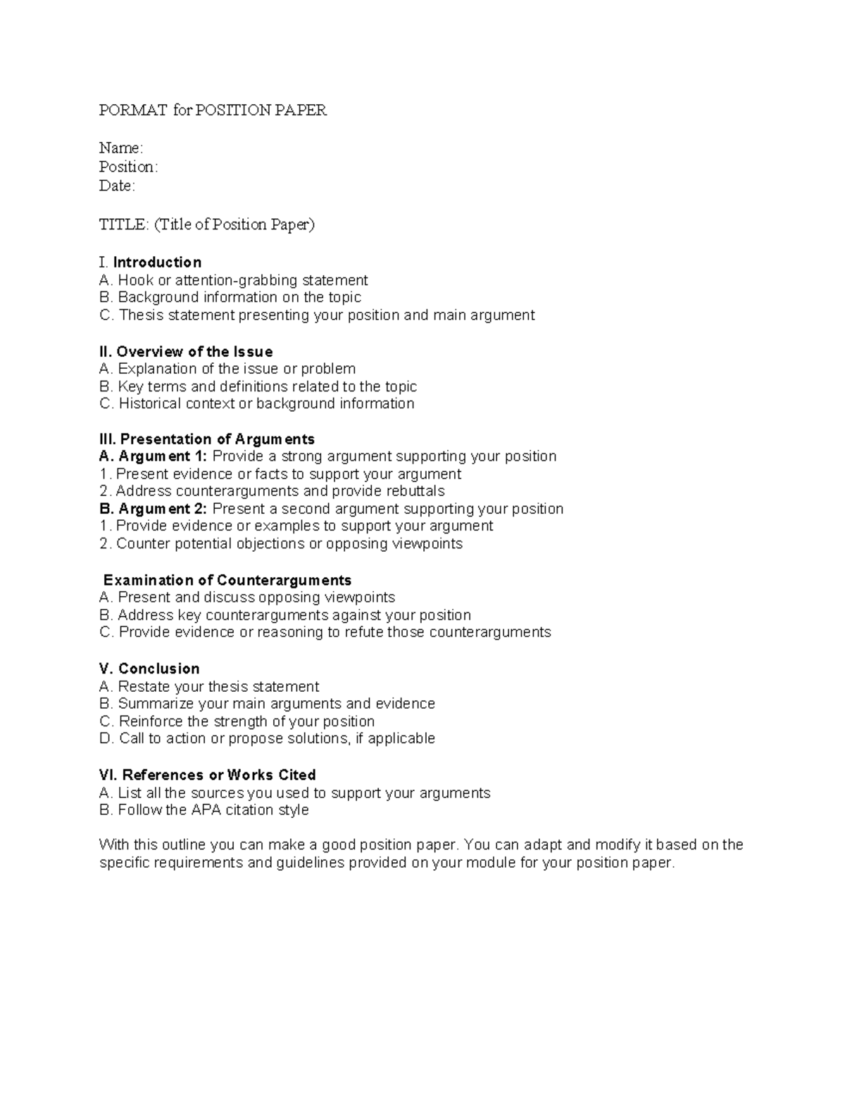 Pormat for Position Paper - PORMAT for POSITION PAPER Name: Position ...