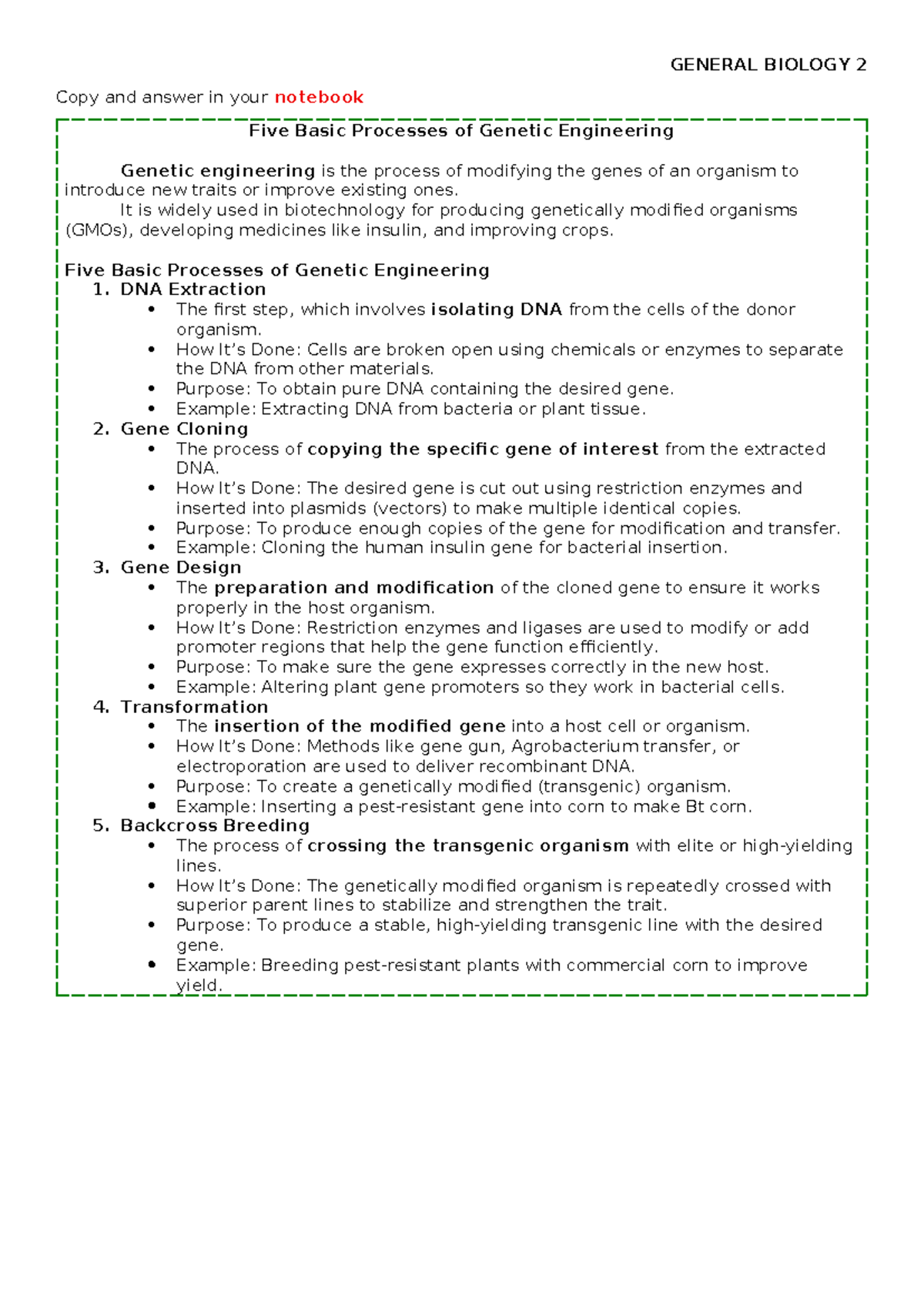 BIO 2: Five Key Processes in Genetic Engineering Explained - Studocu