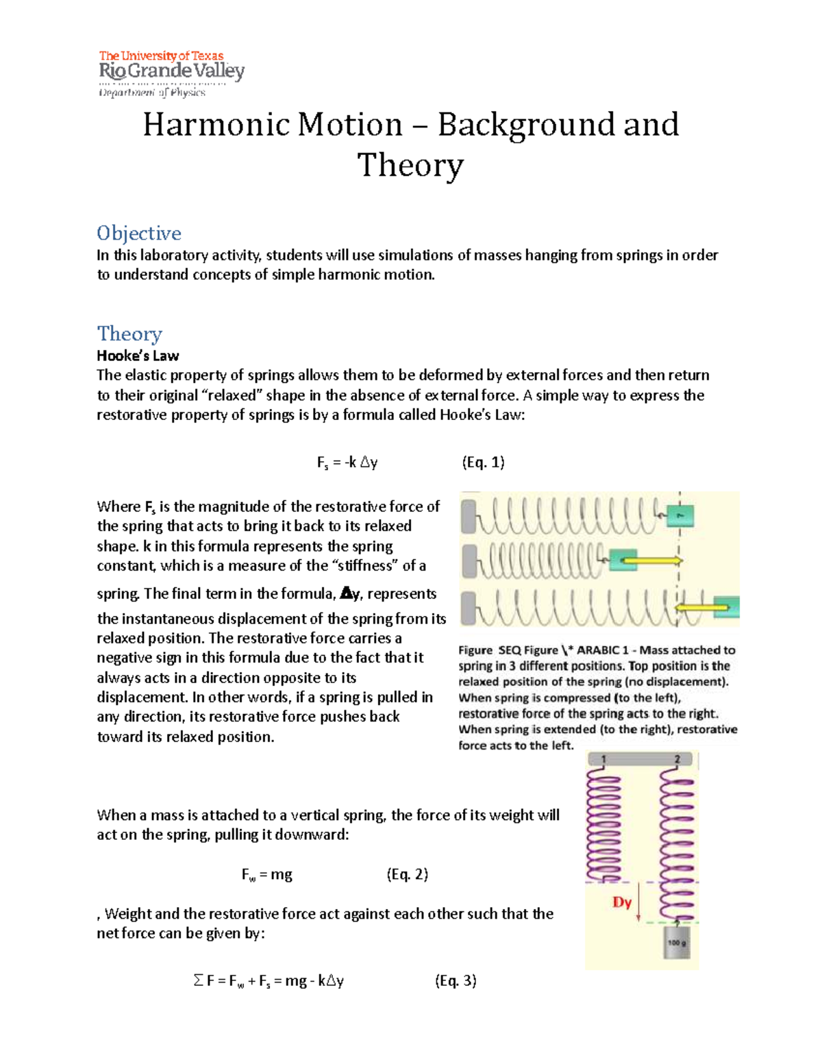 PHYS 1401 - Lab 9: Understanding Harmonic Motion and Spring Constants ...