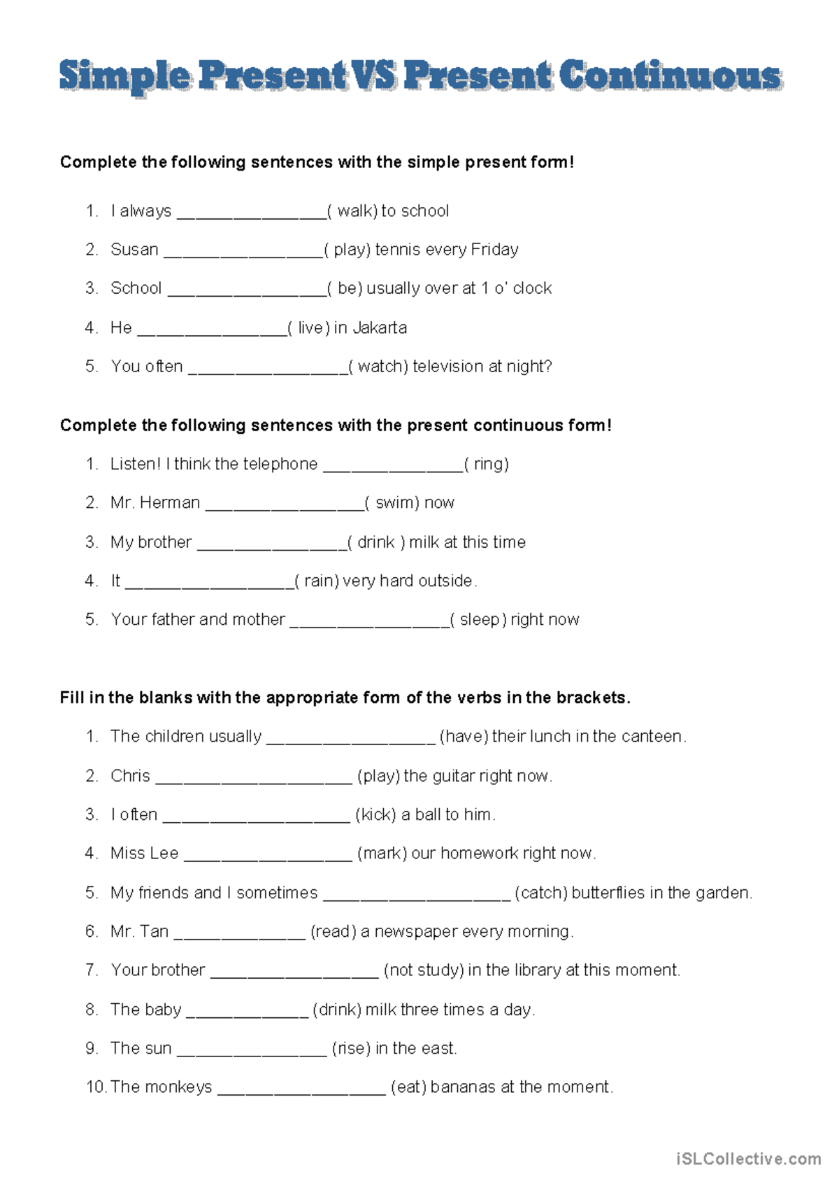 Simple Present vs Present Continuous Exercises - Studocu