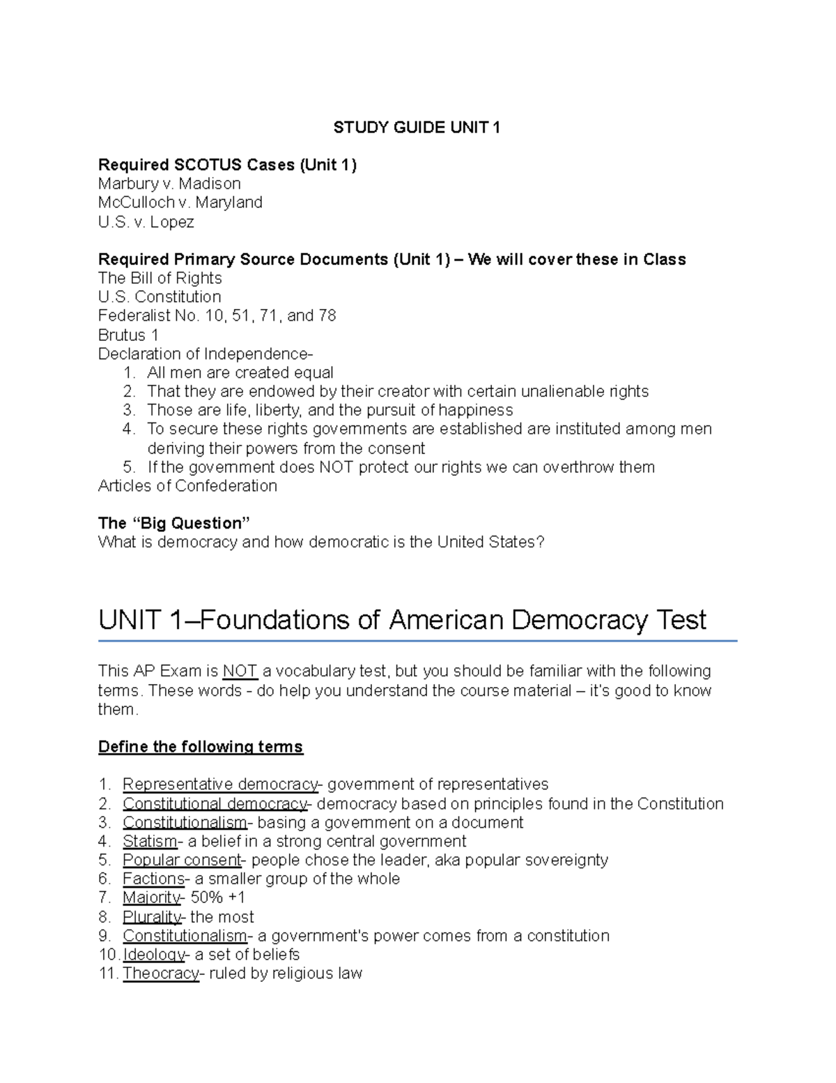 Unit 1 Study Guide - STUDY GUIDE UNIT 1 Required SCOTUS Cases (Unit 1 ...