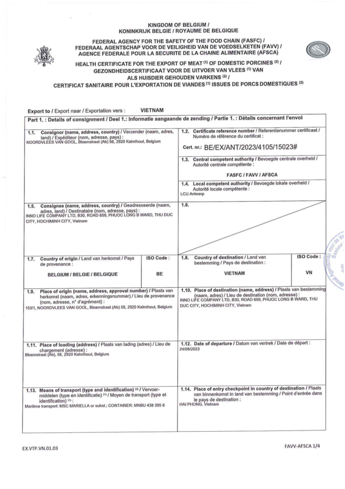 FAVV Health Certificate for Meat Export to Vietnam - BE/EX/ANT/2023/ ...
