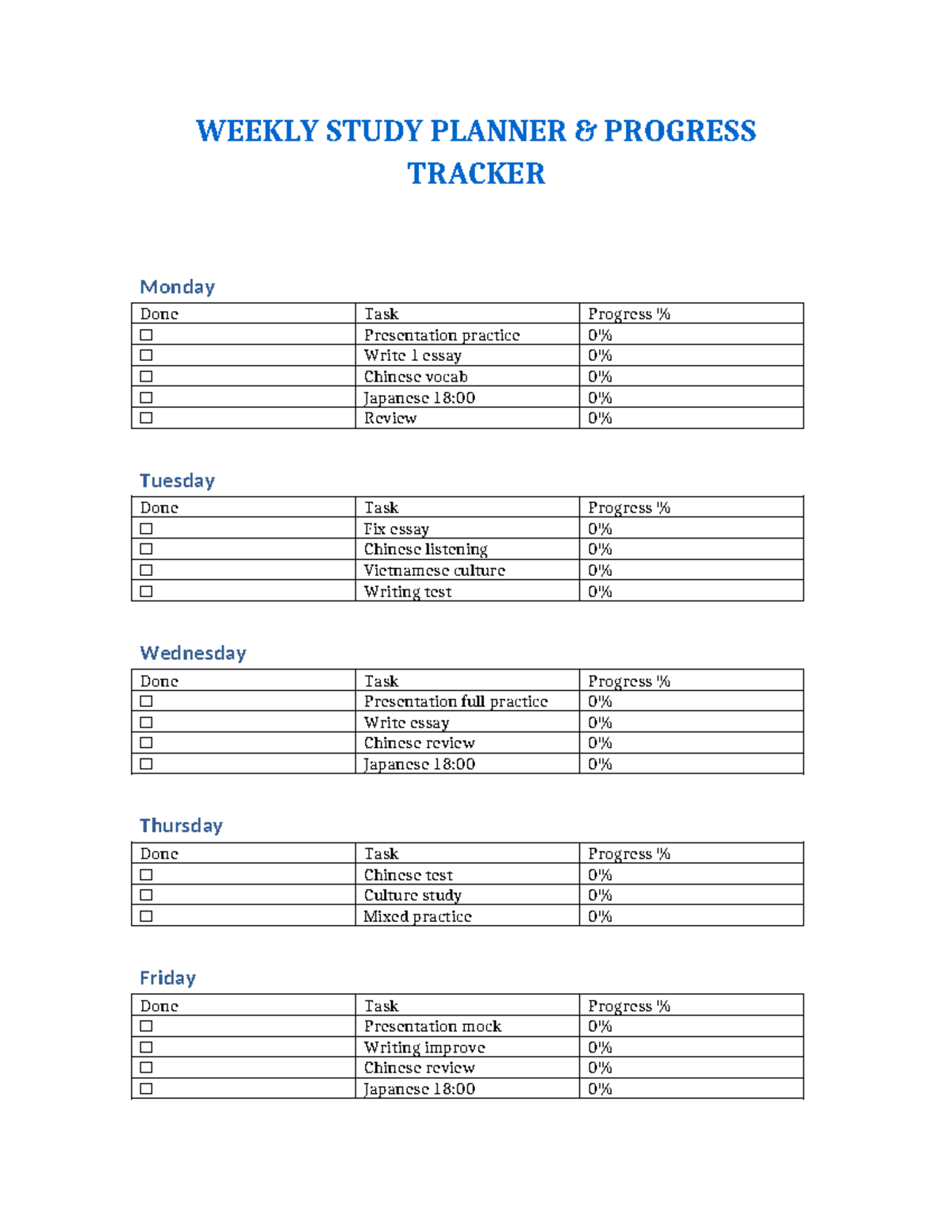 WEEKLY STUDY PLANNER & PROGRESS TRACKER: Tasks & Practice Tests - Studocu