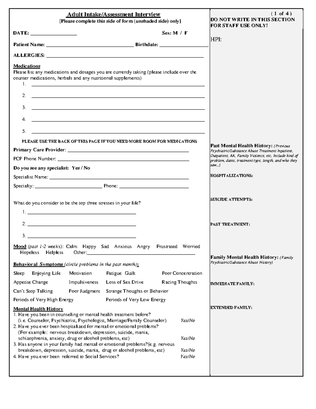 Adult intake assessment form psychiatric - Adult Intake/Assessment ...