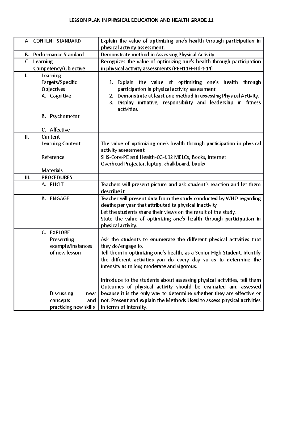 Lesson Plan for PEH11: Health Optimization through Physical Activity ...