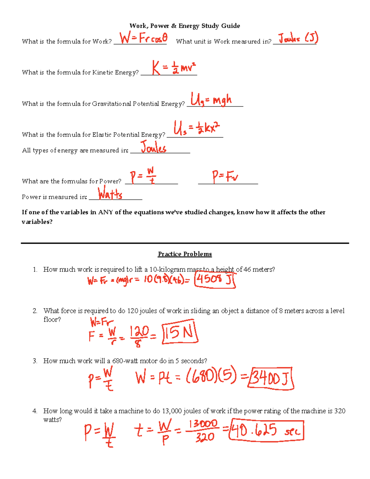 Work, Power & Energy Study Guide (Unit 5) - Studocu