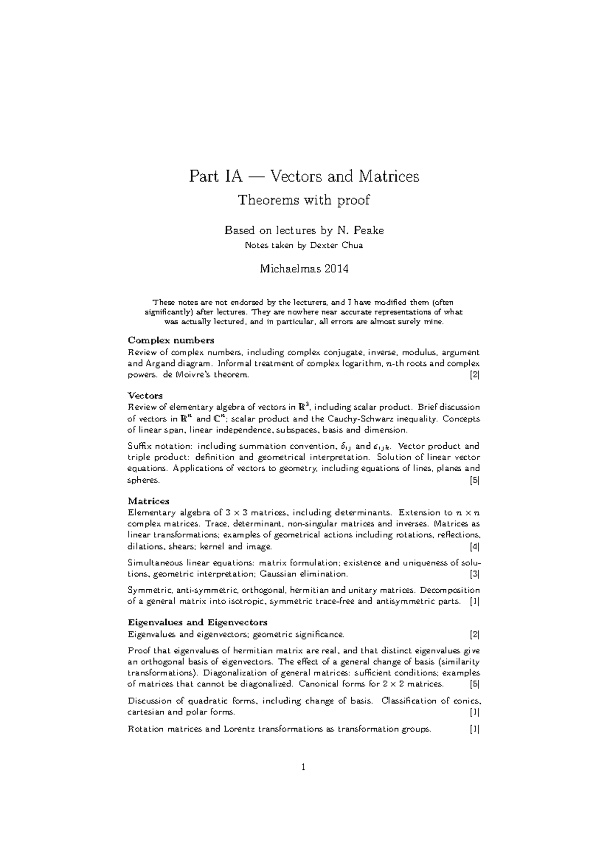 IA Vectors and Matrices: Theorems with Proofs - Lecture Notes - Studocu
