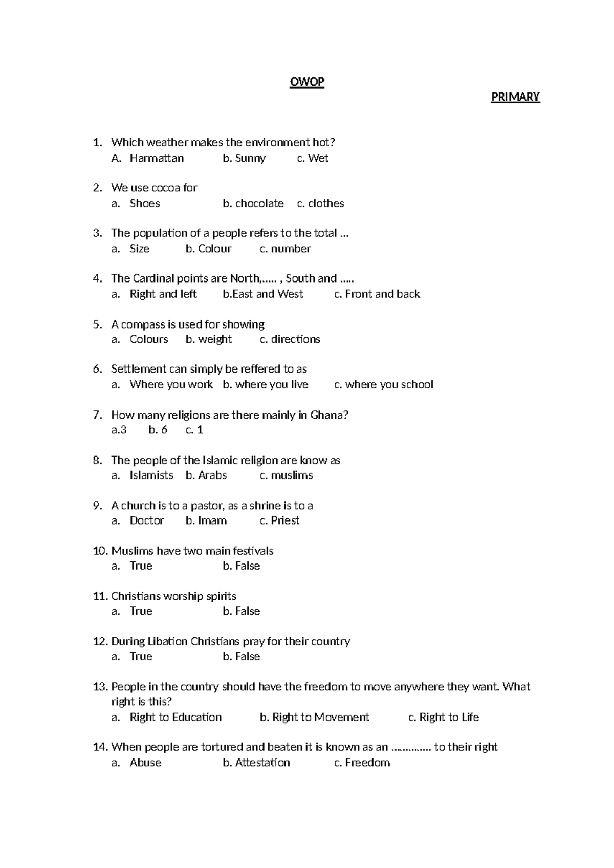 OWOP PRIMARY 1 - End of Term Exam Questions on Environment & Society ...