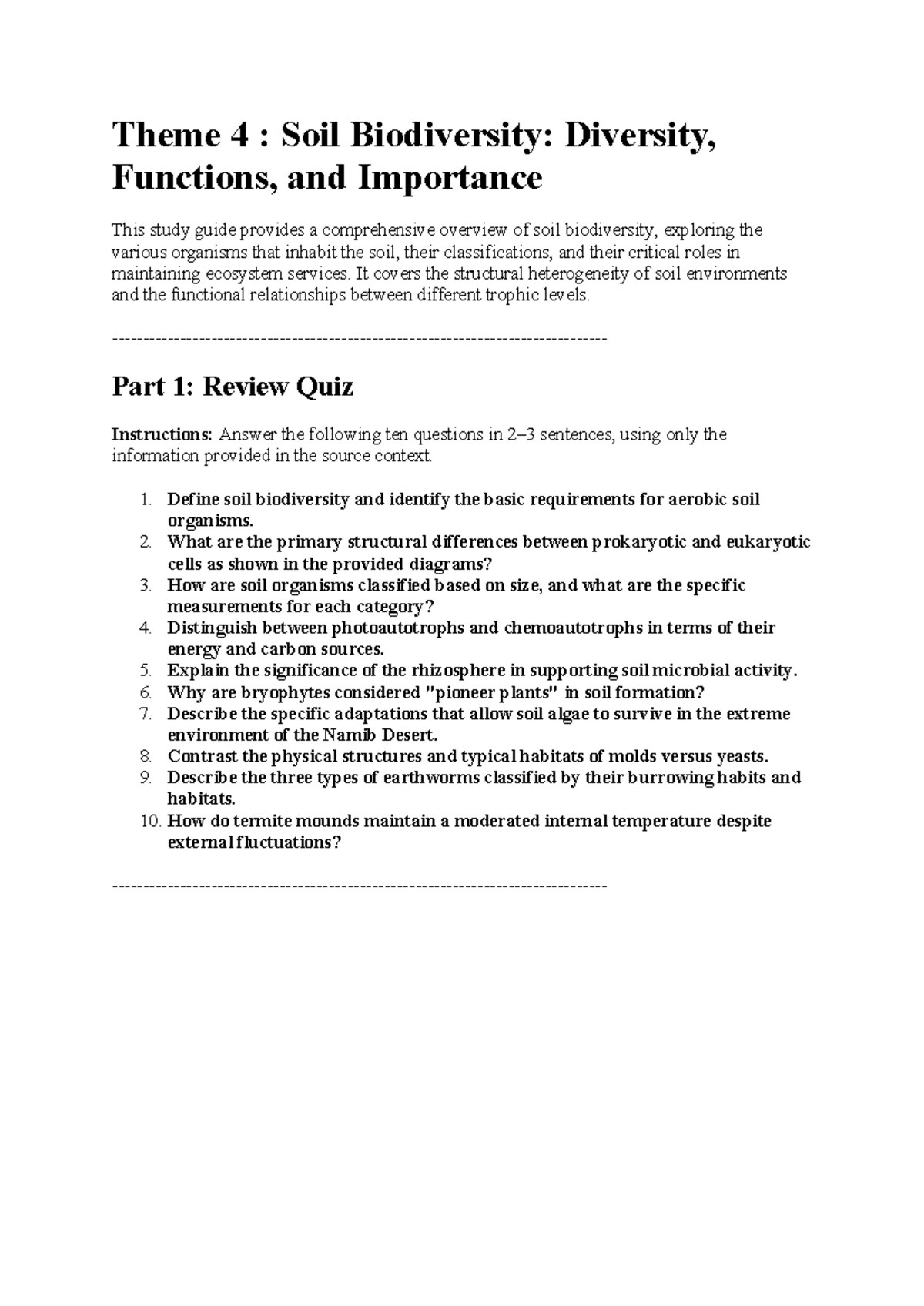 Theme 4: Soil Biodiversity - Functions, Importance & Review Quiz - Studocu