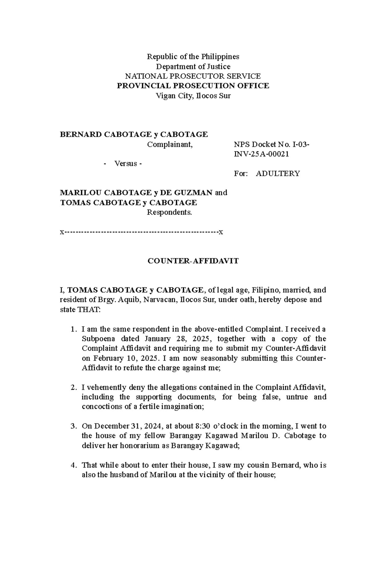 Counter Affidavit for Adultery Case: Tomas Cabotage Response - Studocu