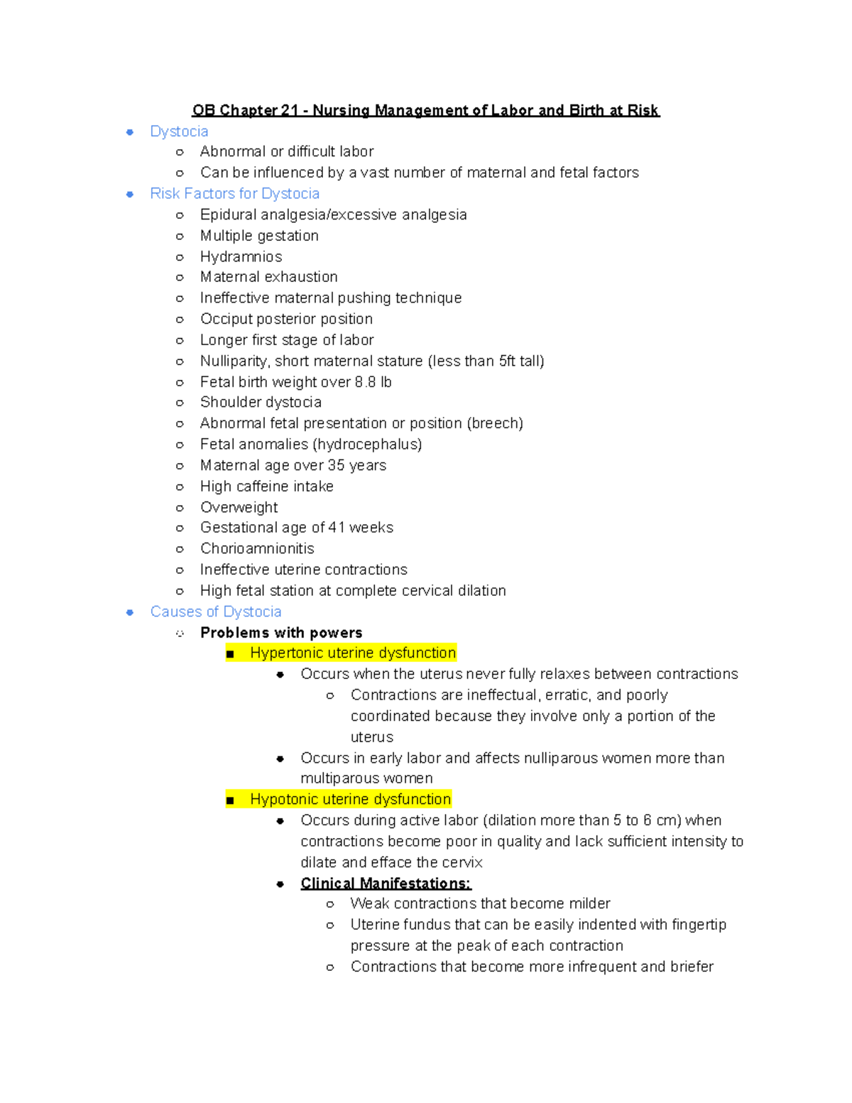 NUR 415 - Chapter 21 Notes: Nursing Management of Labor & Birth Risks ...