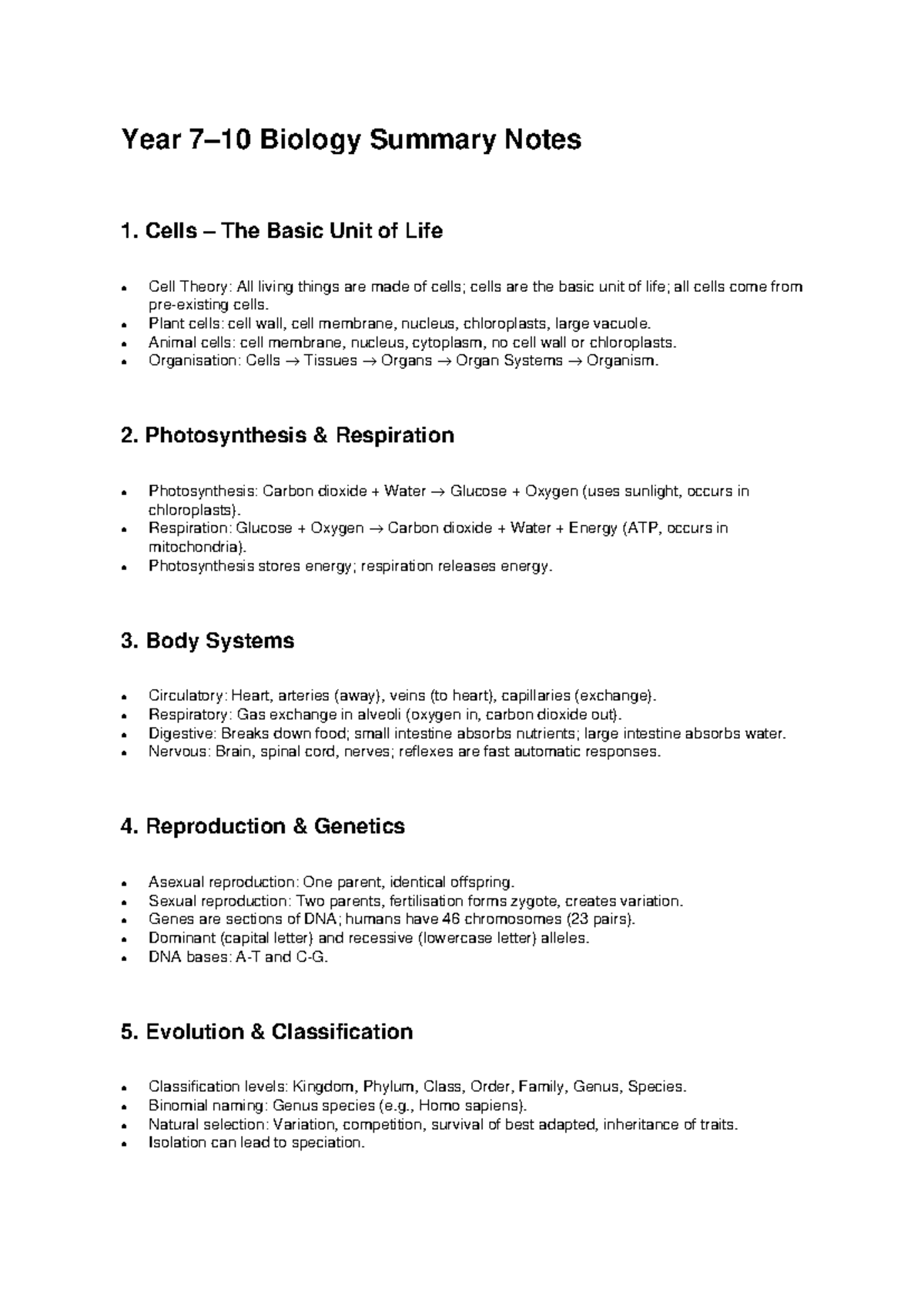 Year 7-10 Biology Summary Notes: Cells, Photosynthesis & Body Systems ...