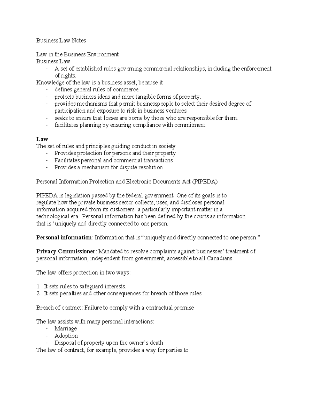 Business Law Class Notes - Overview of Legal Principles and Concepts ...