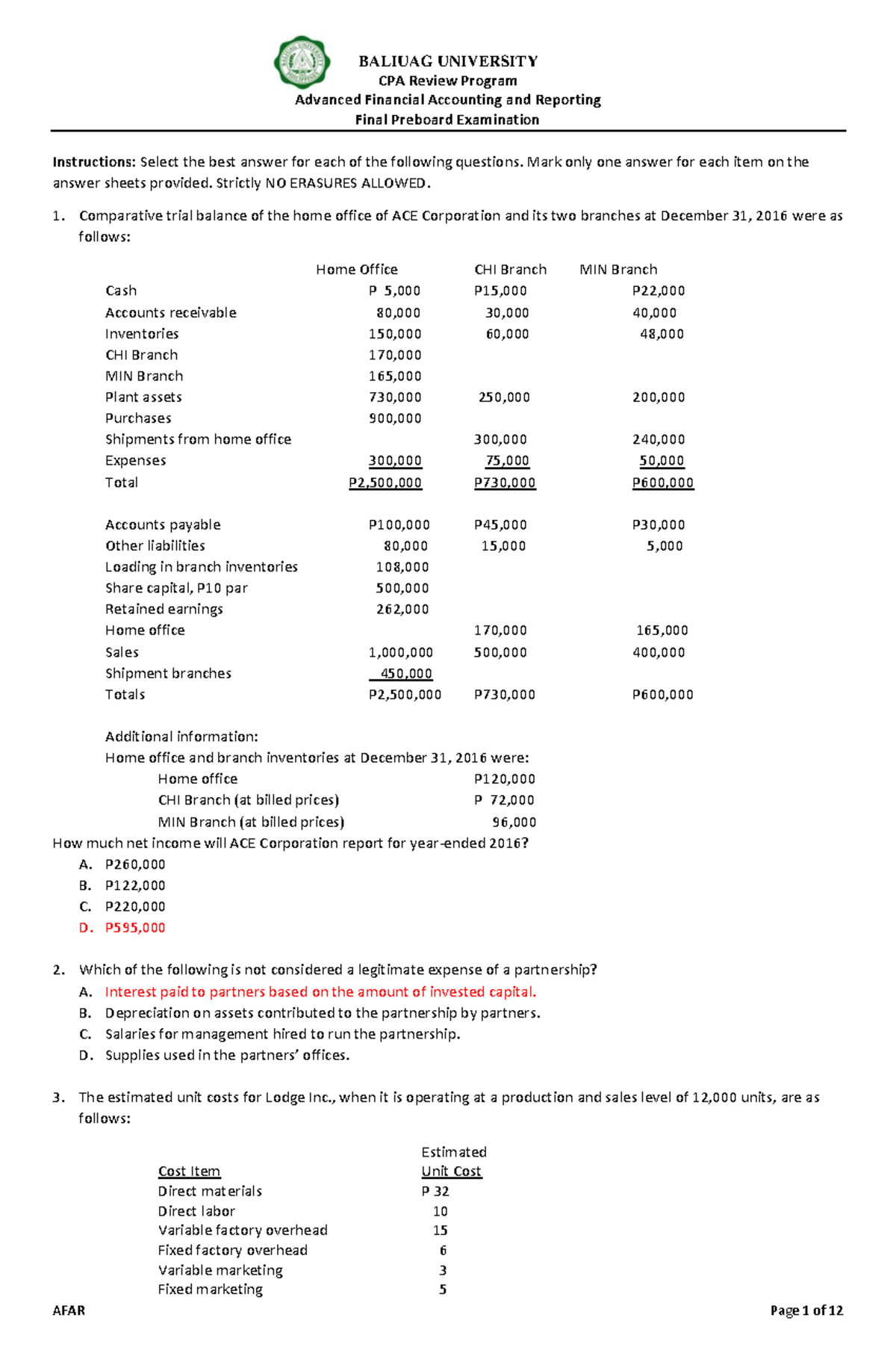 CPA Review Program: Advanced Financial Accounting Final Preboard Exam ...