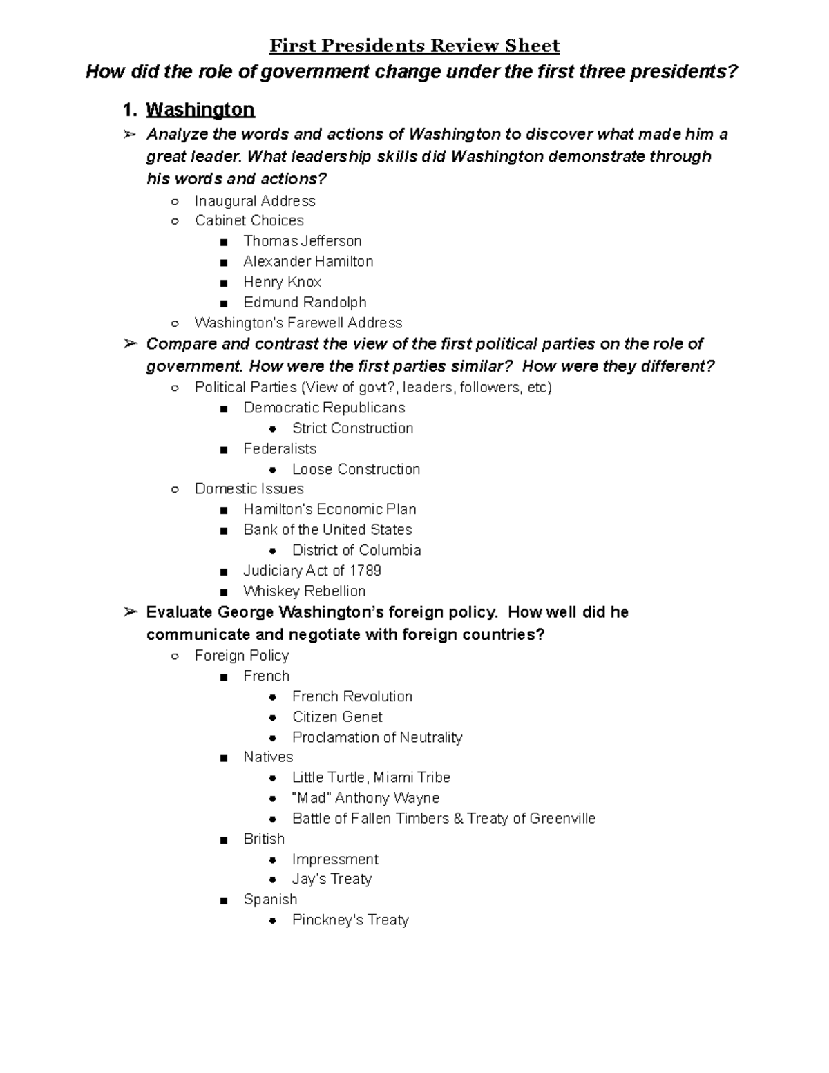 First Presidents Review Sheet: Analyzing Leadership & Policies - Studocu