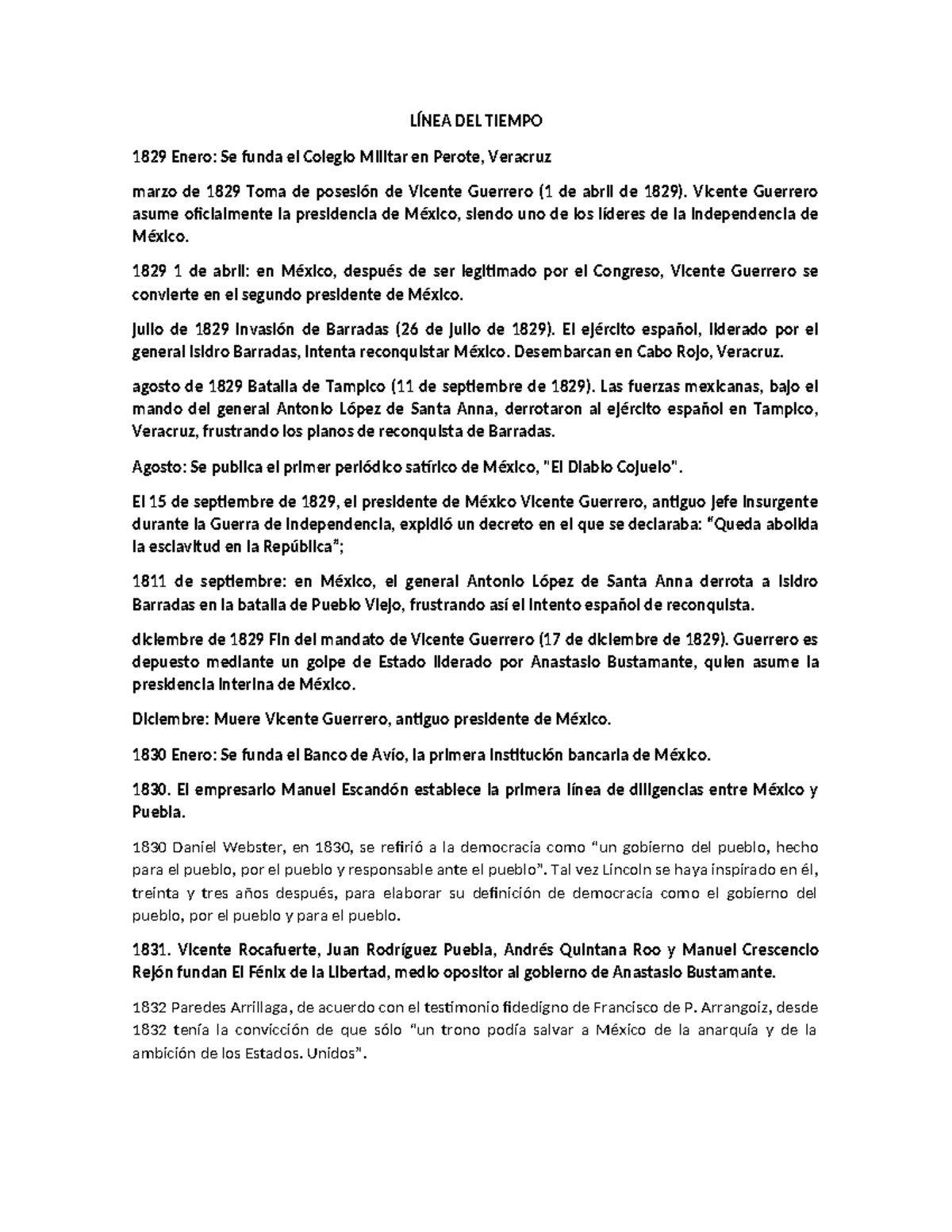 Línea del Tiempo: Eventos Clave de México (1829-1832) - Studocu