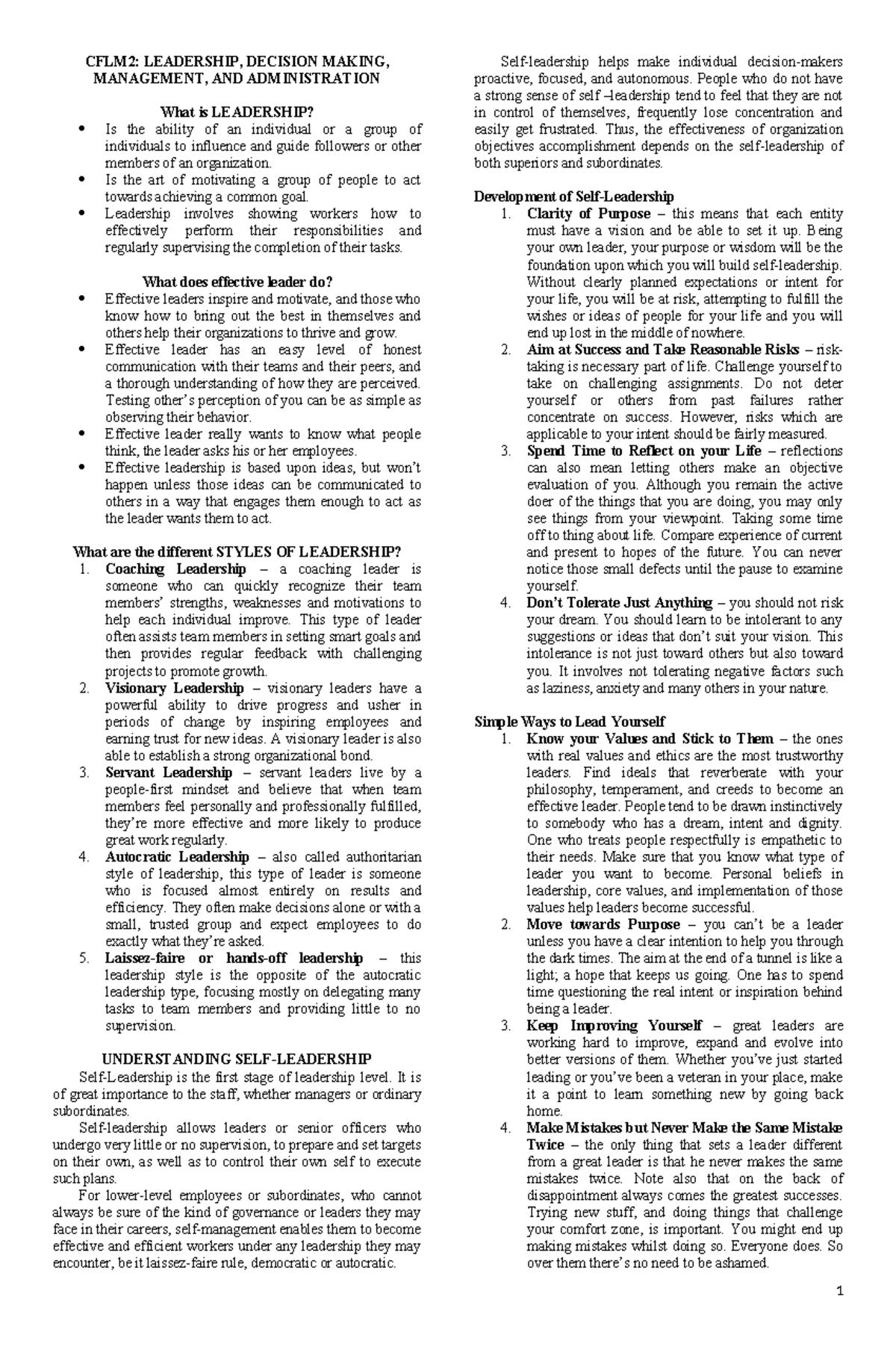 CFLM2: Leadership, Decision Making, and Management Lecture Notes - Studocu