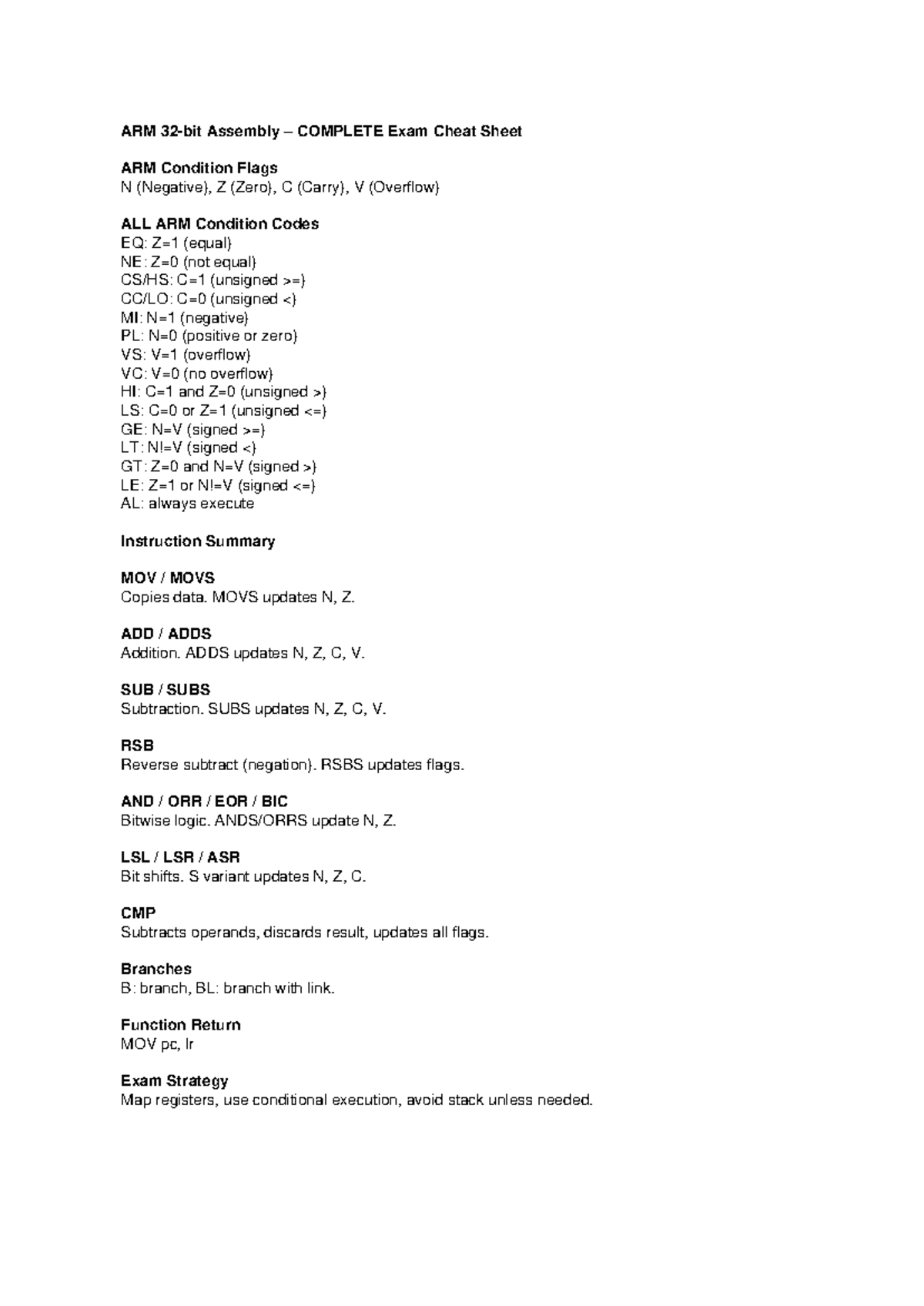 ARM Assembly COMPLETE Exam Cheat Sheet: Condition Flags & Instructions ...