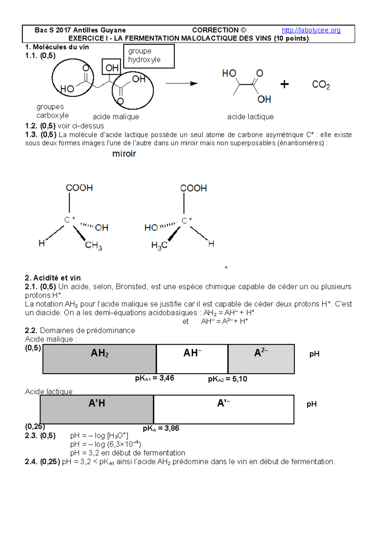 Correction de l'Exercice I sur la Fermentation Malolactique des Vins ...