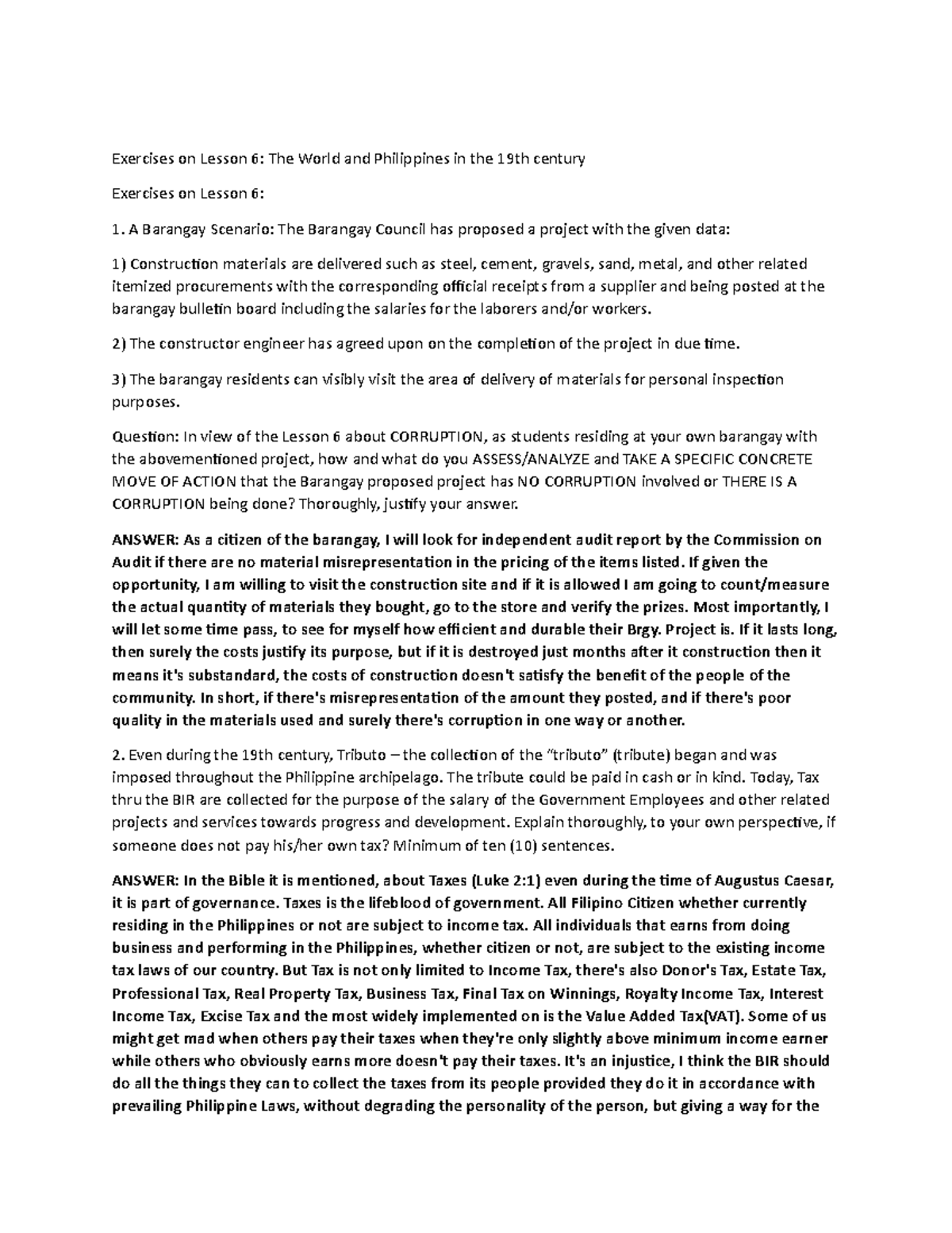 Lesson 6 Exercises - The World and Philippines in the 19th Century ...