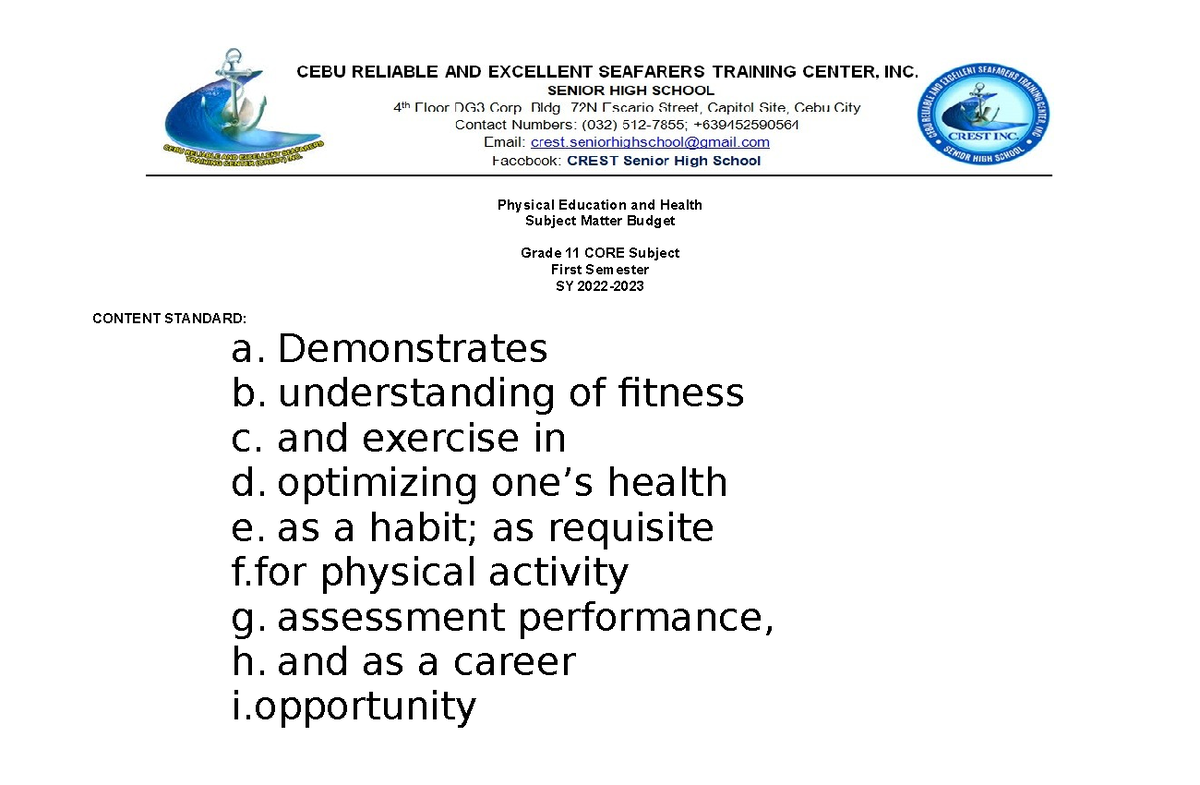 SMB P.E. and Health 11 - First Semester Subject Matter Overview - Studocu