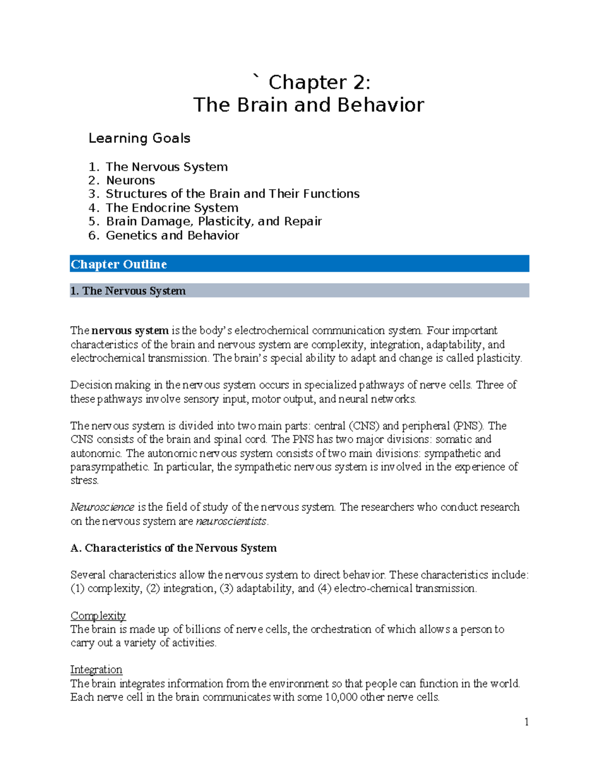 Chapter 2: The Brain and Behavior - Key Concepts and Learning Goals ...