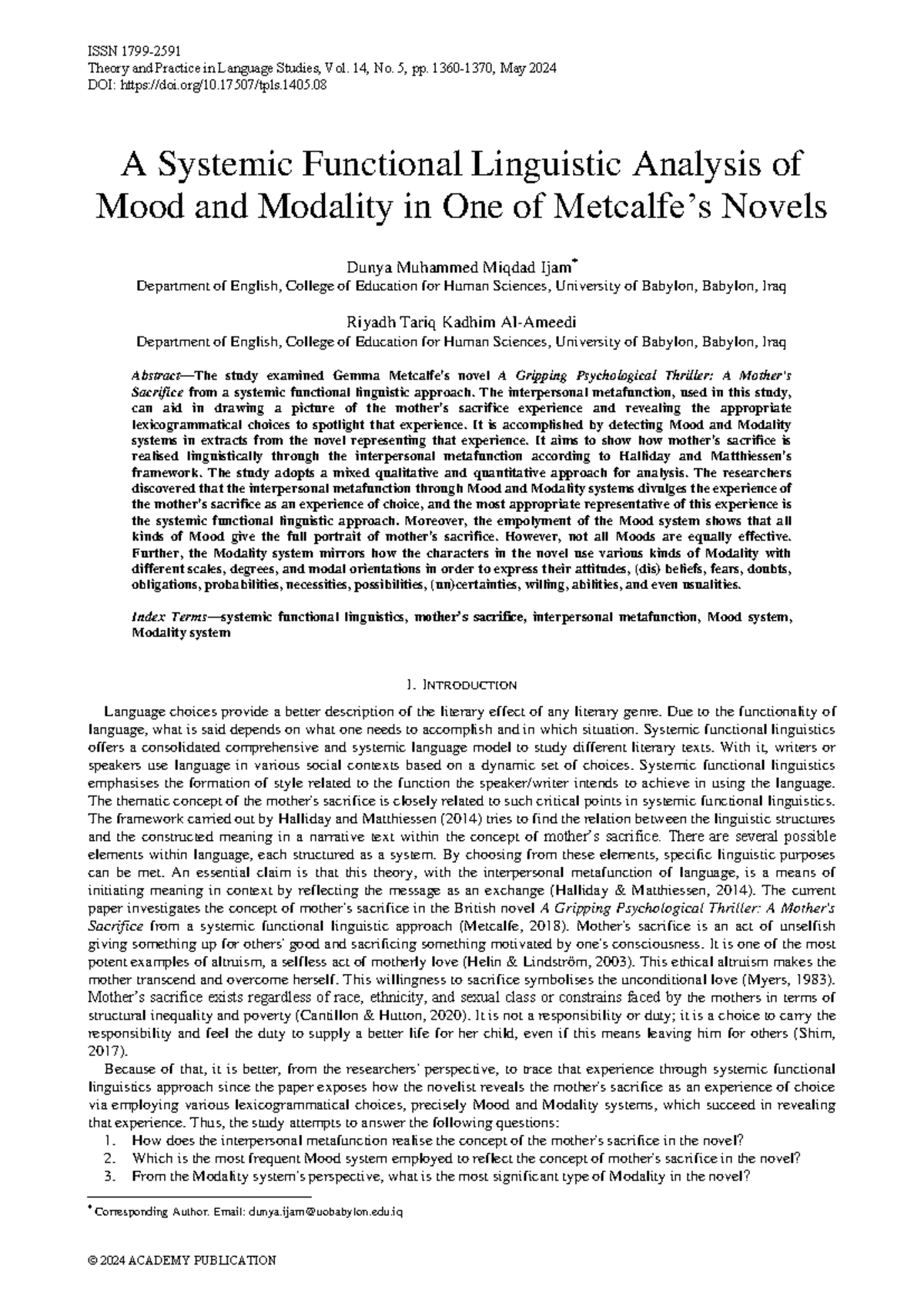 A Systemic Functional Linguistic Analysis of Mood and Modality in "A ...