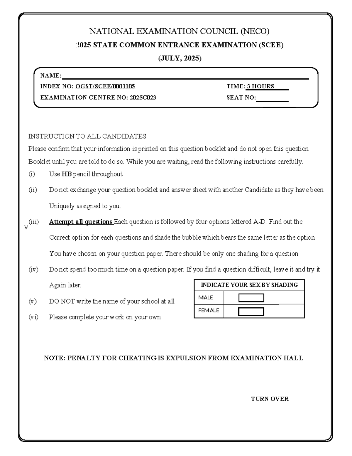 Common Entrance Exam 2025 - NECO SCEE Instructions - Studocu