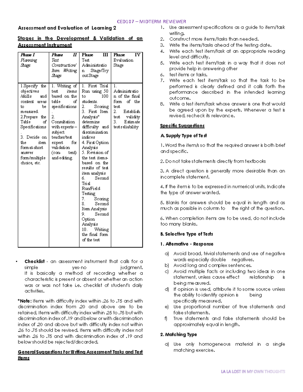 CED107 - Comprehensive Midterm Review of Assessment Techniques - Studocu