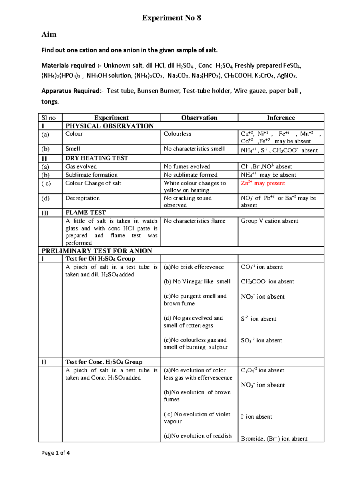 Experiment No 8: Cation and Anion Analysis of Unknown Salt - Studocu