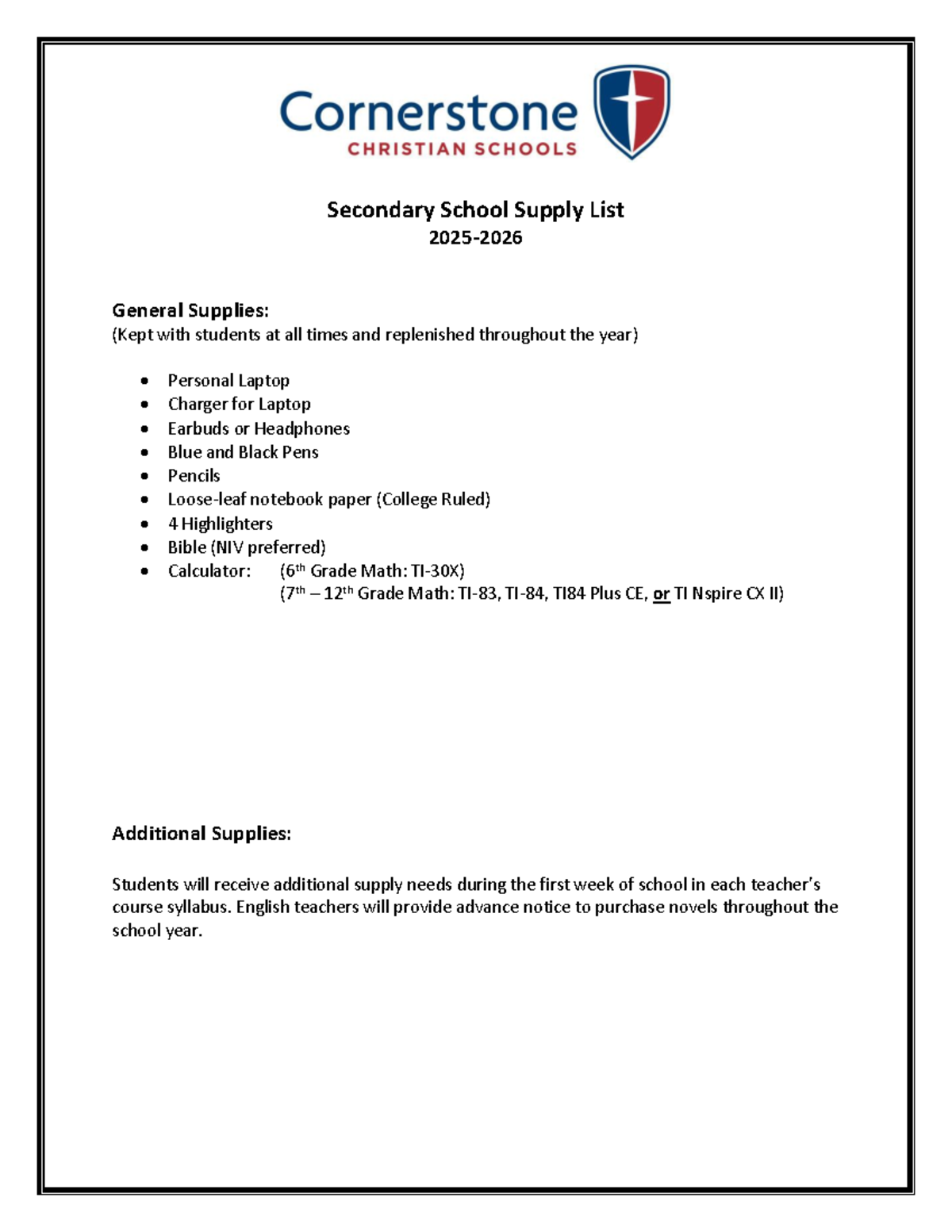 Secondary School Supply List-25-26 - Secondary School Supply List 2025 ...