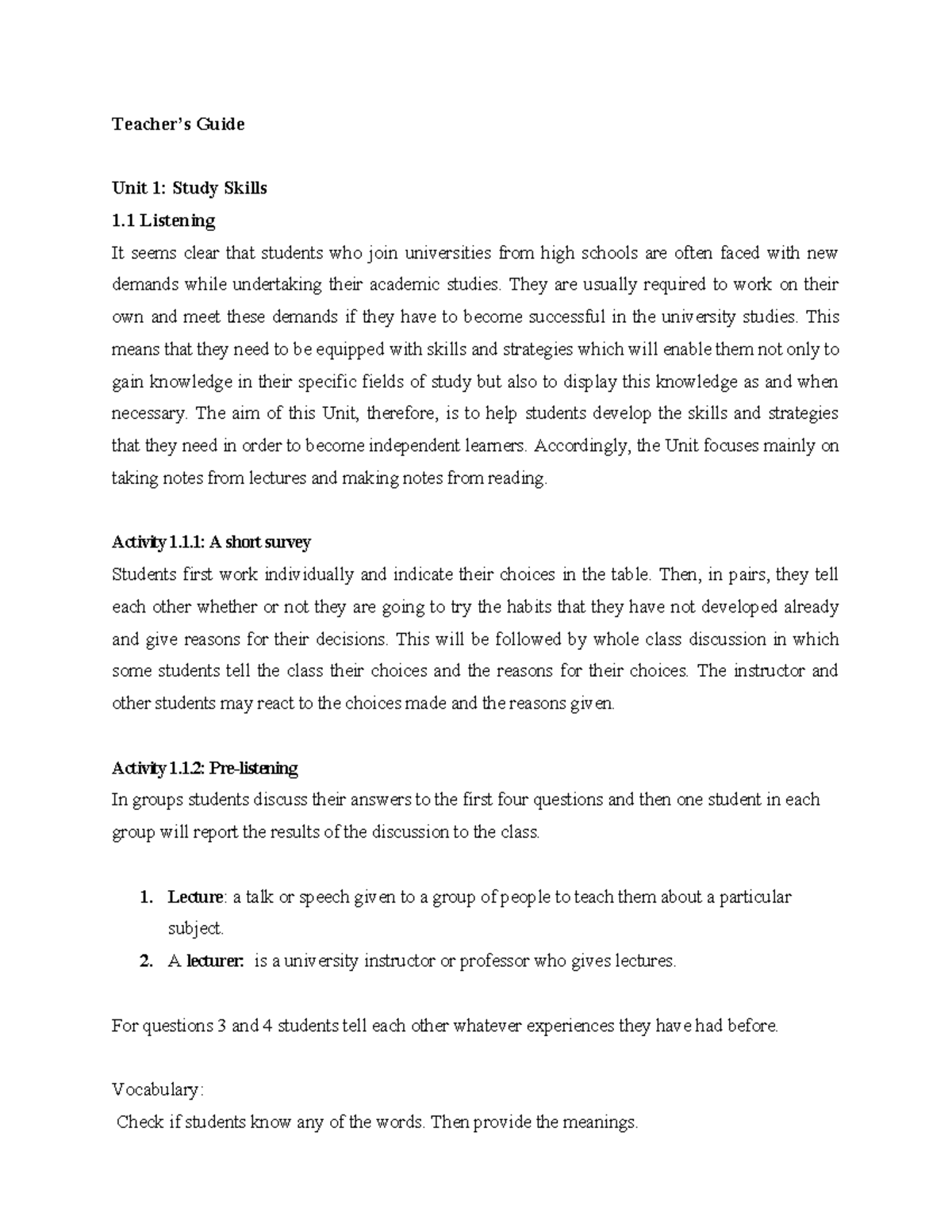 Communicative English Course Teacher Guide: Unit 1 on Study Skills ...