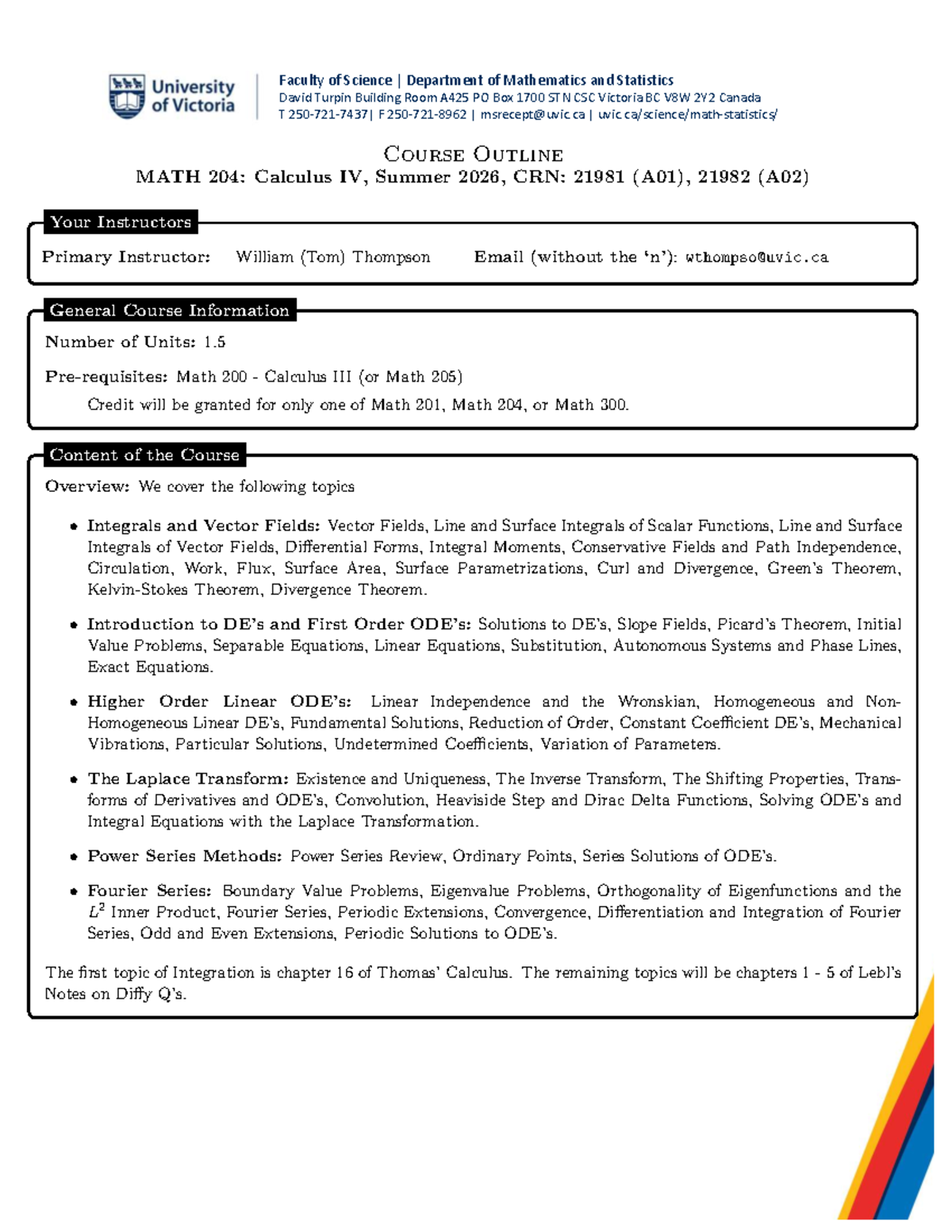 MATH 204: Calculus IV Summer 2026 Detailed Course Outline - Studocu