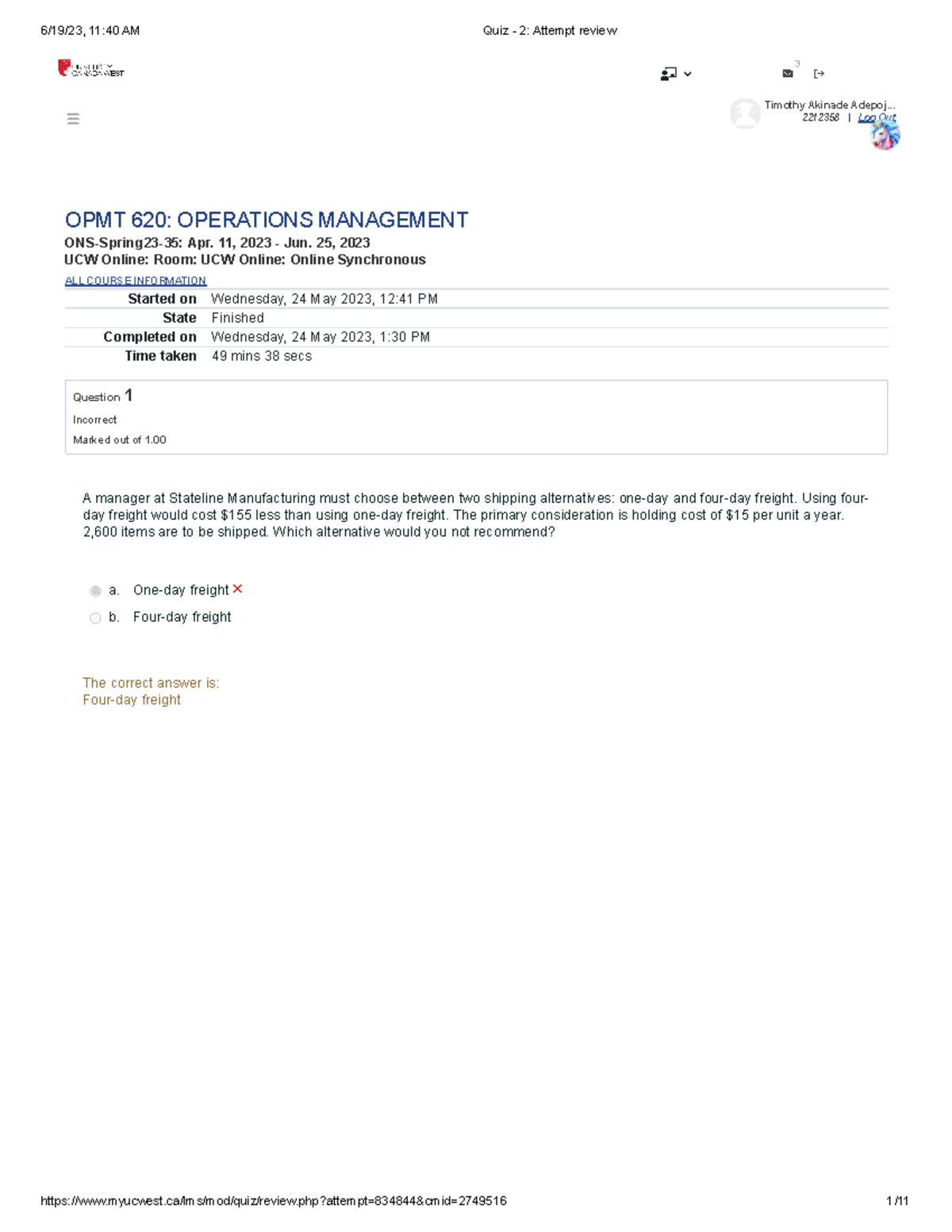 OPMT 620 Quiz 2: In-Class Assessment on Operations Management - Studocu