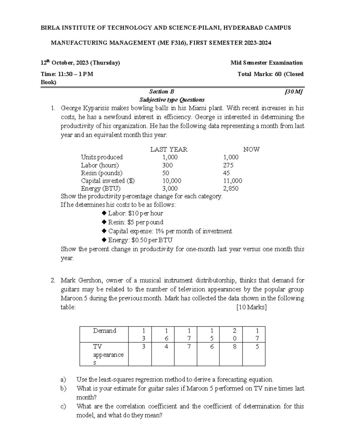 Mid Semester Exam QP - ME F316 Manufacturing Management - Studocu