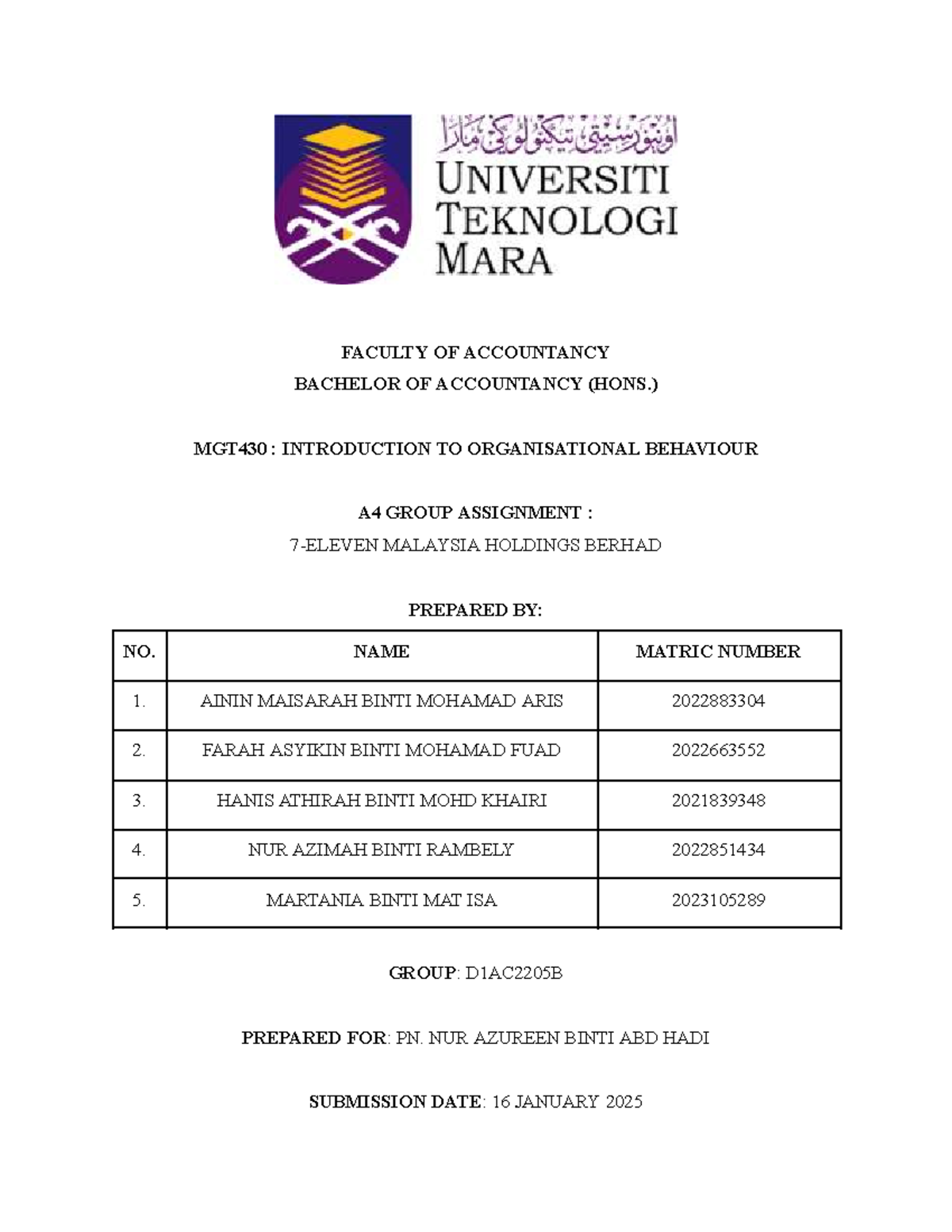 MGT430 A4 Group Assignment: Organizational Behaviour Analysis of ...