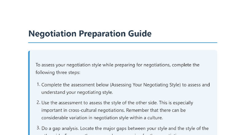 Negotiation Prep Guide: Assessing Your Style and Gaps - Studocu