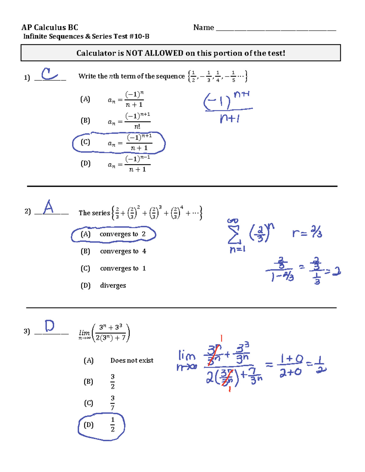 AP Calculus BC Infinite Sequences & Series Test Form B Key - Studocu