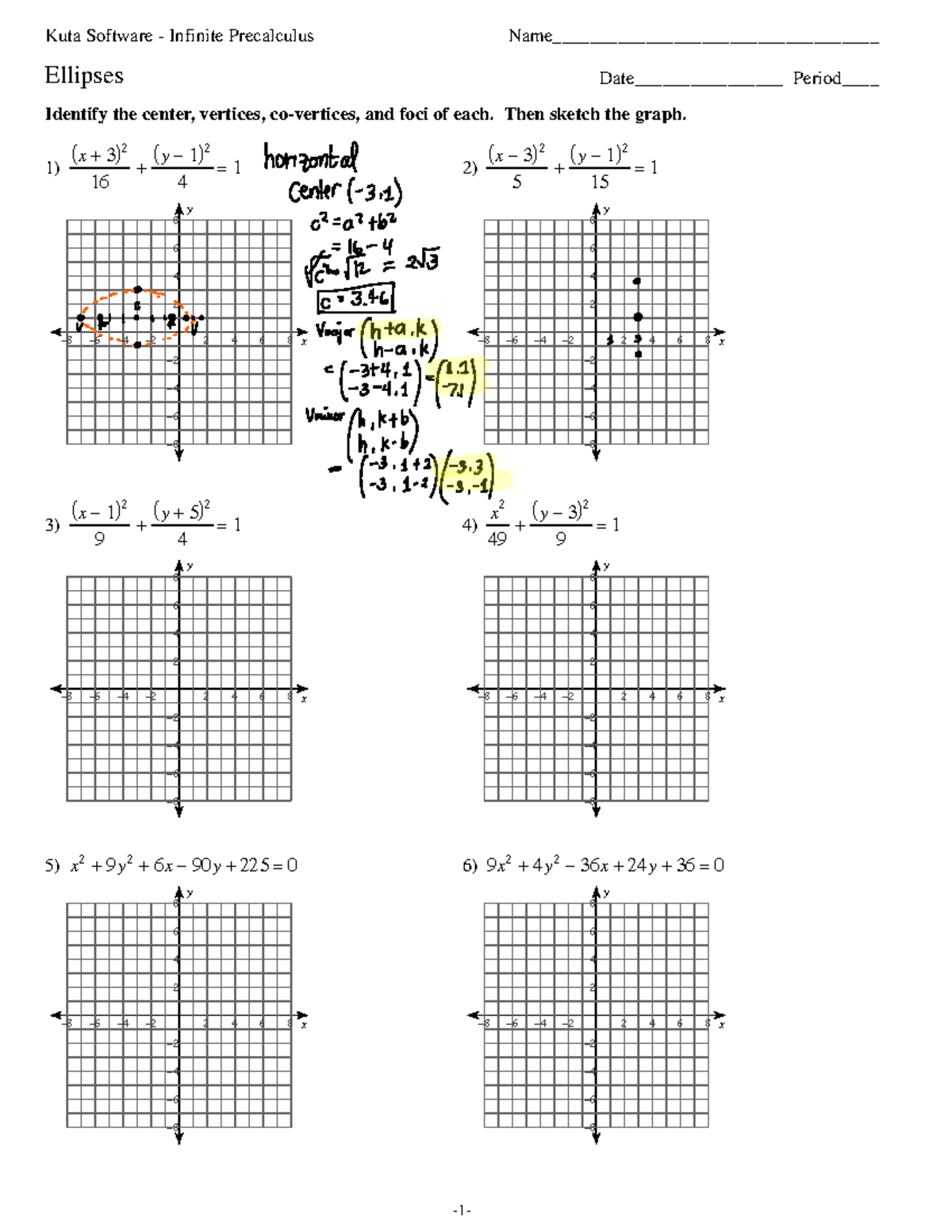 Kuta Software Precalculus Worksheet: Analyzing Ellipses - Studocu