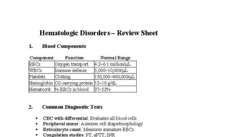 Hematologic Disorders Review Sheet: Key Components & Tests - Studocu