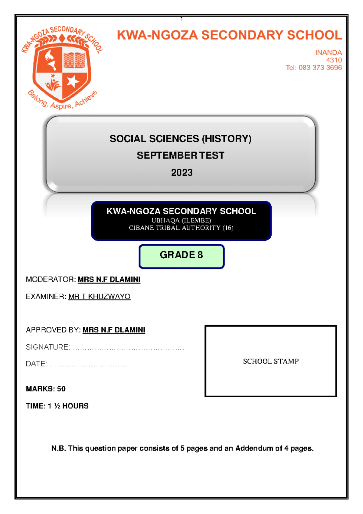Grade 8 Social Sciences History September Test 2023 (50 Marks) - Studocu