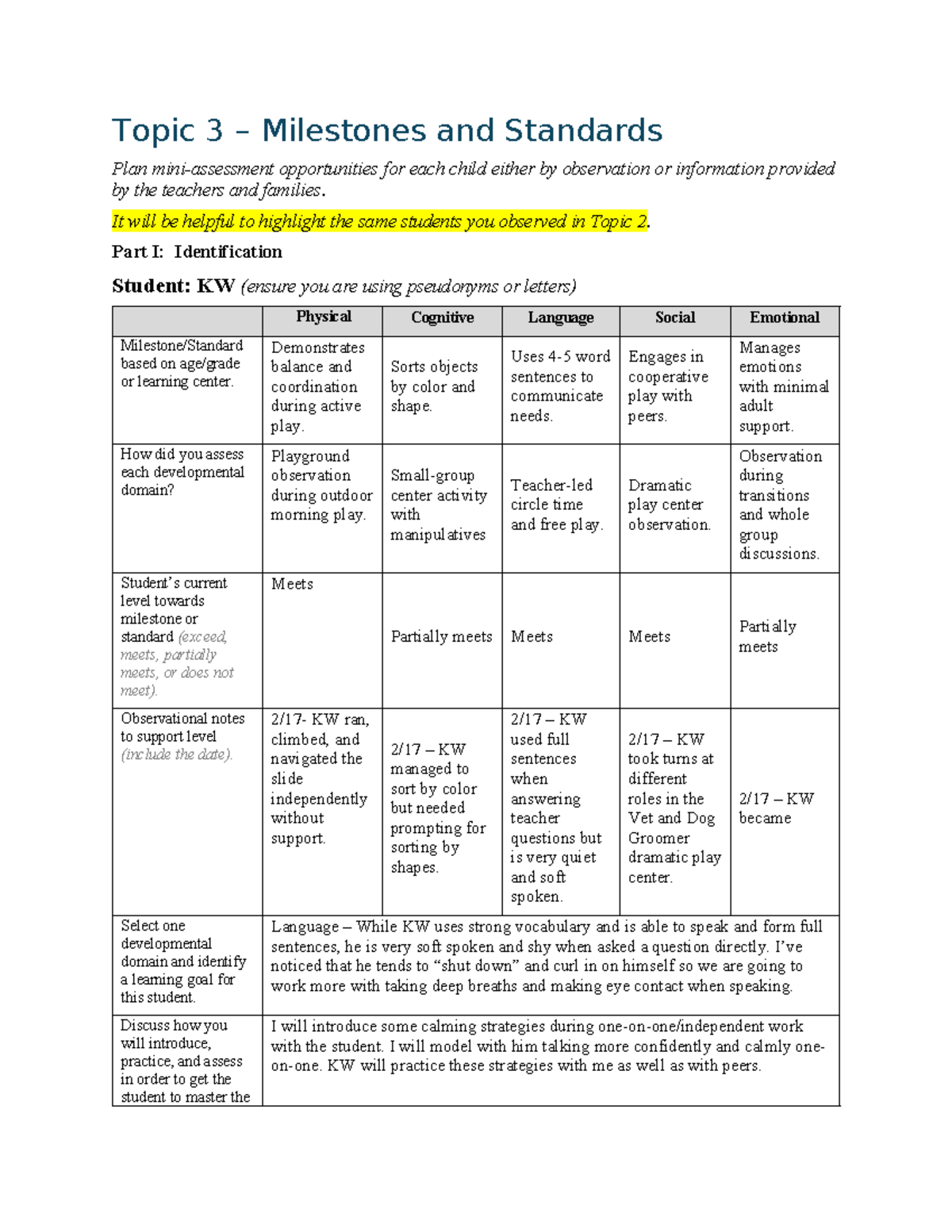 Topic 3 Assignment - Practicum: Milestones & Standards for Child ...