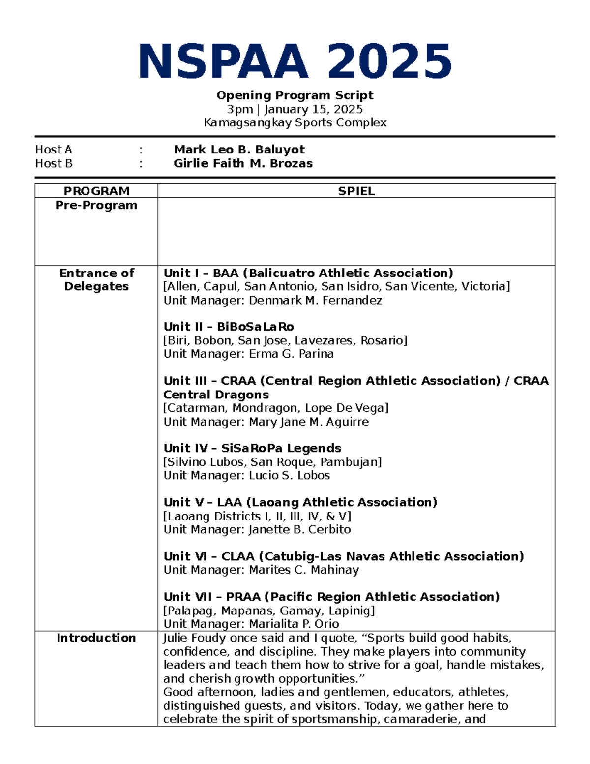 NSPAA 2025 Opening Program EMCEE Script and Ceremony Details - Studocu